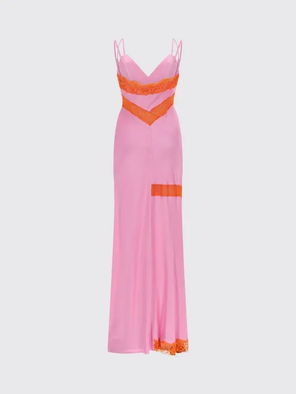 MSGM Long Satin Slip Dress With Lace Inserts And Front Slit