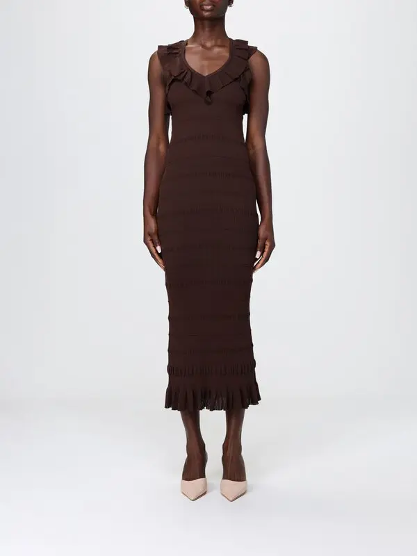 TWINSET Viscose Sheath Midi Dress With V-neck And Off-the-shoulder Design - Coffee