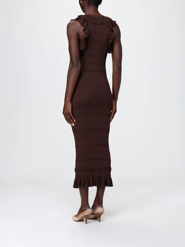 TWINSET Viscose Sheath Midi Dress With V-neck And Off-the-shoulder Design - Coffee