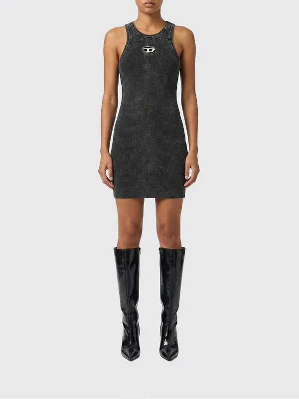 DIESEL® Ribbed Mini Dress With Logo Detail - Black