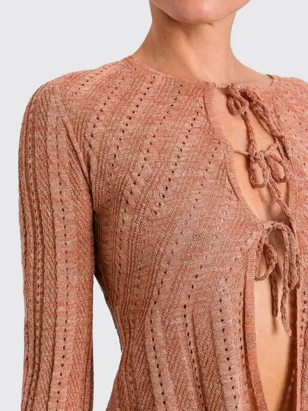 TWINSET Linen-blend Cardigan With Crew Neck And Tie Closure - Salmon