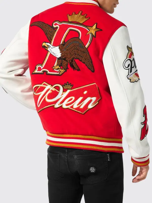 Philipp Plein Bi Wool Cloth Varsity Bomber Jacket With Embroide Patches