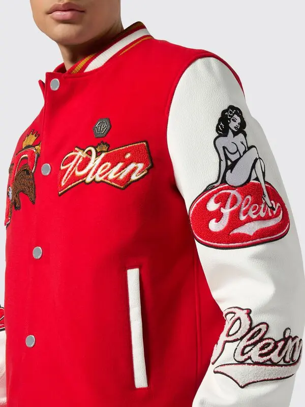 Philipp Plein Bi Wool Cloth Varsity Bomber Jacket With Embroide Patches