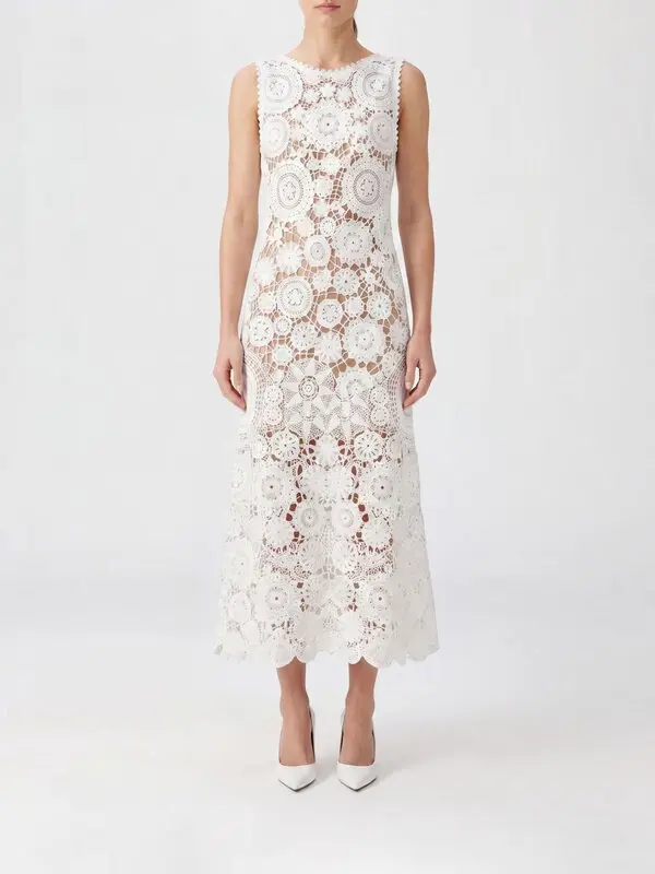 SELF-PORTRAIT Sleeveless A-line Midi Dress In Cotton Macramé Lace - White