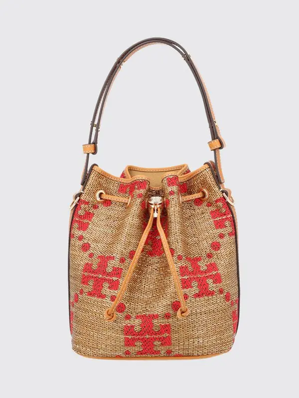 Tory Burch T Monogram Mini Raffia Bucket Bag With Jacquard Logo