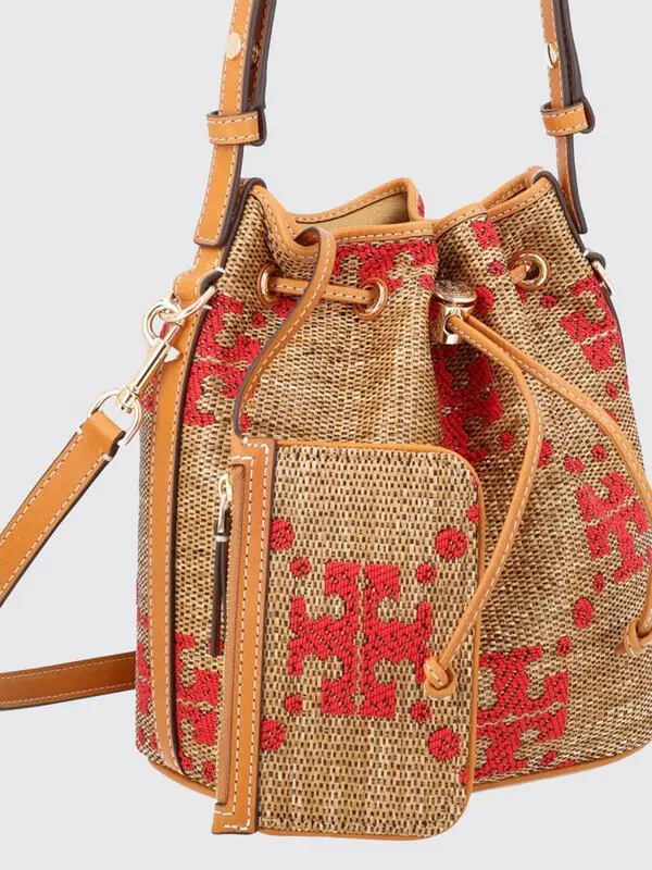 Tory Burch T Monogram Mini Raffia Bucket Bag With Jacquard Logo