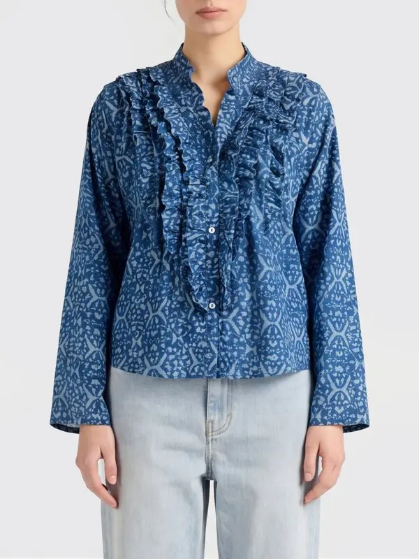 Momoni Ethnic Embroidered Cotton Shirt With Ruffled Mandarin Collar