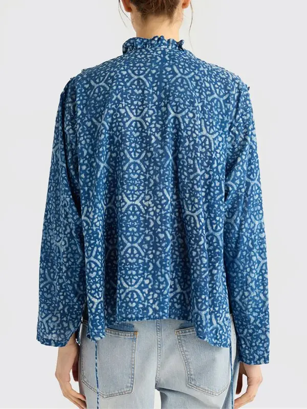 Momoni Ethnic Embroidered Cotton Shirt With Ruffled Mandarin Collar