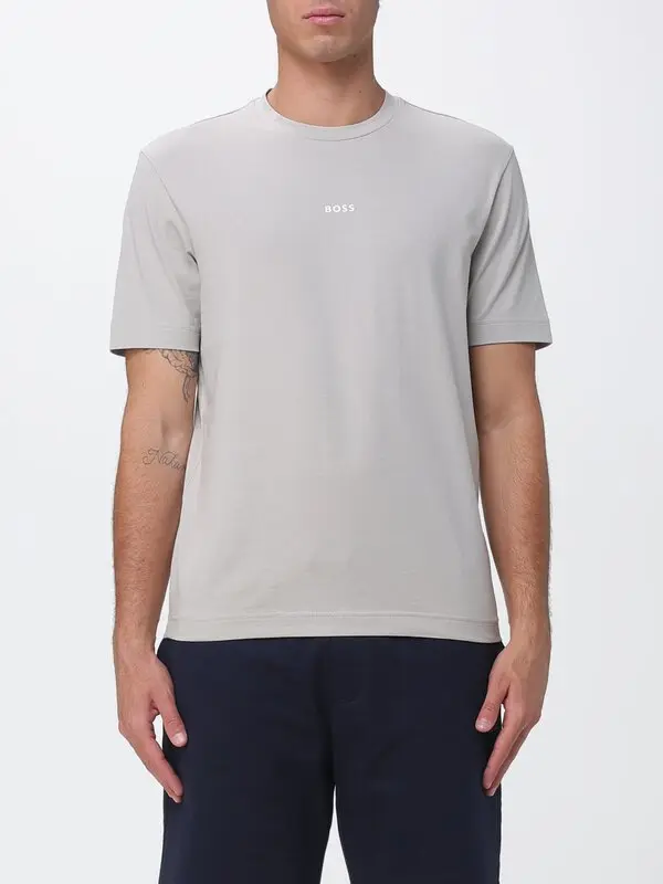 BOSS Crew Neck Stretch-cotton T-shirt With Contrast Chest Logo - Beige