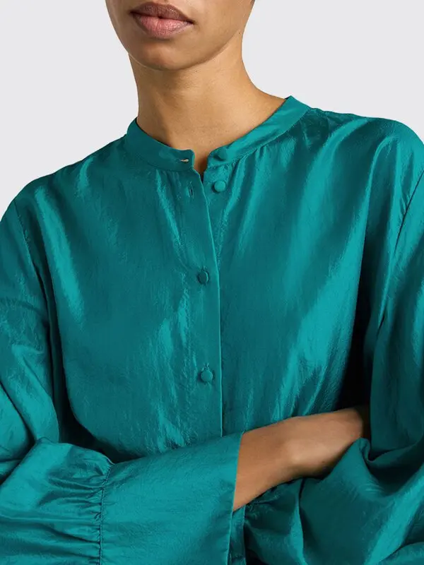 Momoni Pure Silk Long-sleeved Shirt With Mandarin Collar - Green