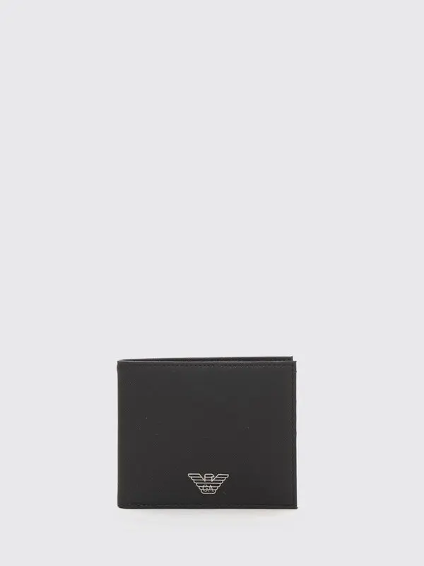 Emporio Armani Monogram Saffiano Leather Bifold Wallet With Metal Eagle Logo - Brown