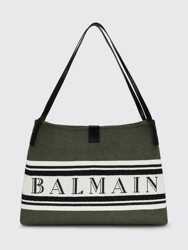 Balmain Jacquard Logo Cotton Shoulder Bag With Double Leather Handles