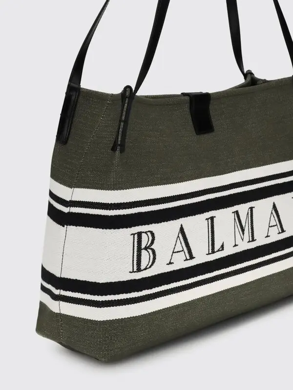 Balmain Jacquard Logo Cotton Shoulder Bag With Double Leather Handles