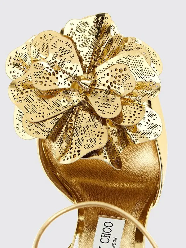 JIMMY CHOO Mimi Laminated Patent Leather Sandal With Floral Appliqu - Gold