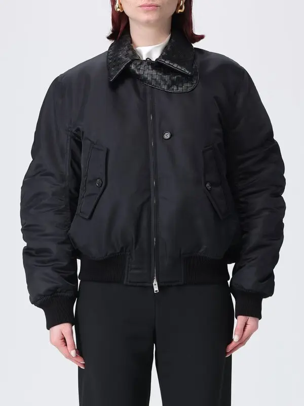 Bottega Veneta Cropped Nylon Bomber Jacket With Leather Collar