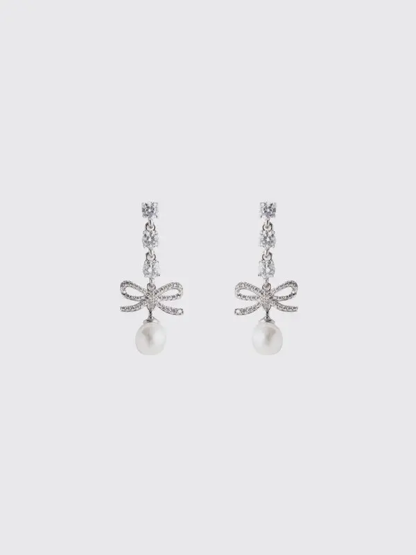 SELF-PORTRAIT Crystal And Faux Pearl Bow Pendant Earrings - Silver