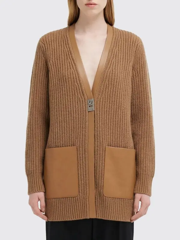 FERRAGAMO Long Wool Cardigan With Gancini Detail - Camel
