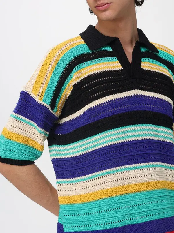 LANEUS Striped Interwoven Cotton Knit Polo Shirt