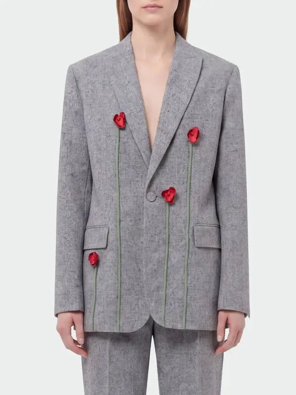 Moschino Single-breasted Cropped Blazer In Wool And Silk With Flower Appliqu