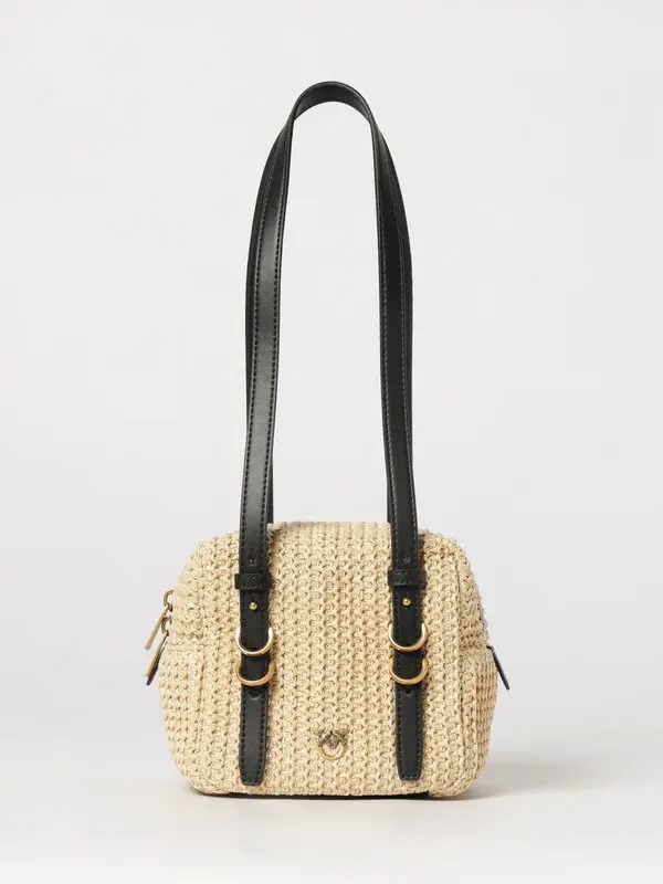 Pinko Raffia Mini Shoulder Bag With Double Leather Handle