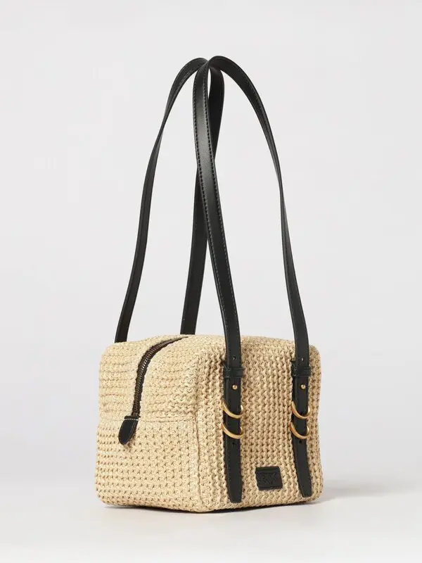 Pinko Raffia Mini Shoulder Bag With Double Leather Handle
