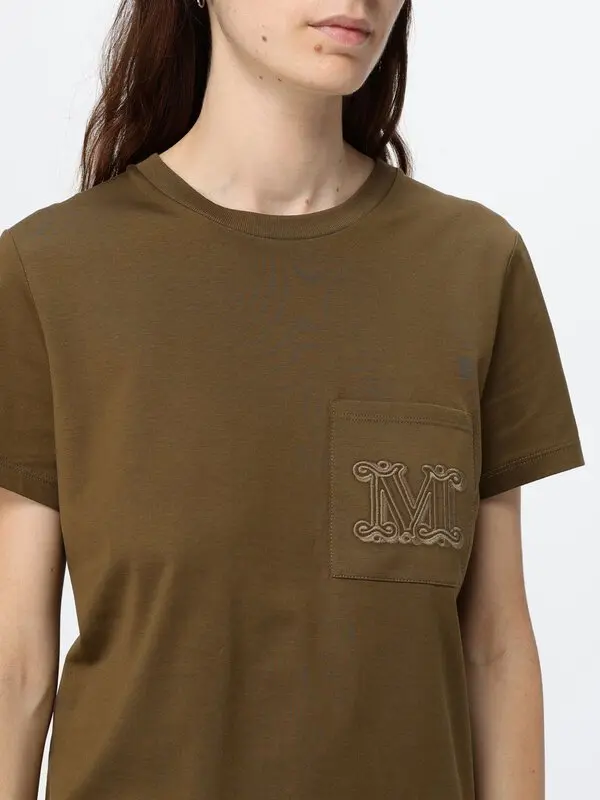 Max Mara Cotton T-shirt With Monogram And Patch Pocket - Green