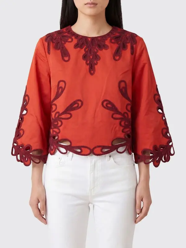 Antik Batik Long-sleeved Embroidered Cotton Blouse - Red