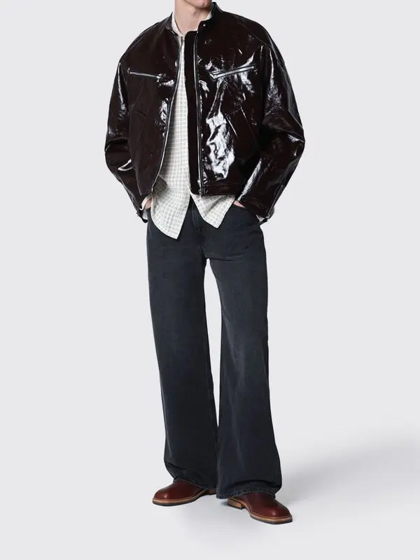 Séfr Relaxed Fit Leather Bomber Jacket With Biker Collar And Dropped Shoulders - Black