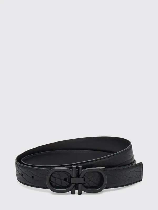 FERRAGAMO Reversible Gancini Belt In Grained And Smooth Calfskin - Black
