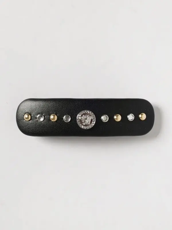 Versace Leather Hair Clip With Studs And Rhinestones - Black