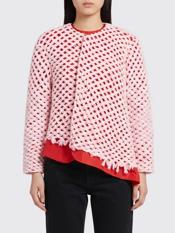 Comme Des Garçons Asymmetrical Double-breasted Blazer In Embroidered Check Tulle