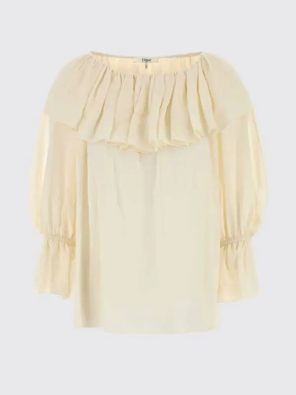 Chloé Balloon Sleeve Silk Blouse With Boat Neck And Ruffle Details