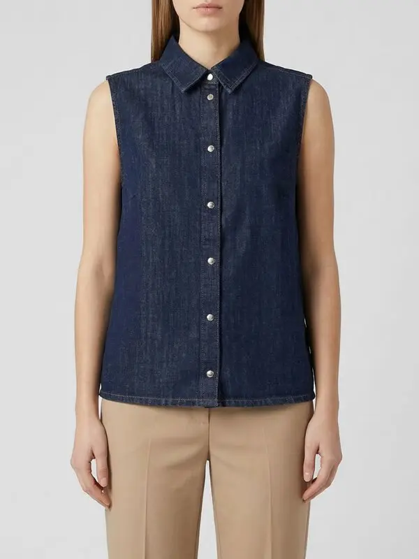 7 For All Mankind Sleeveless Denim Shirt With Spread Collar