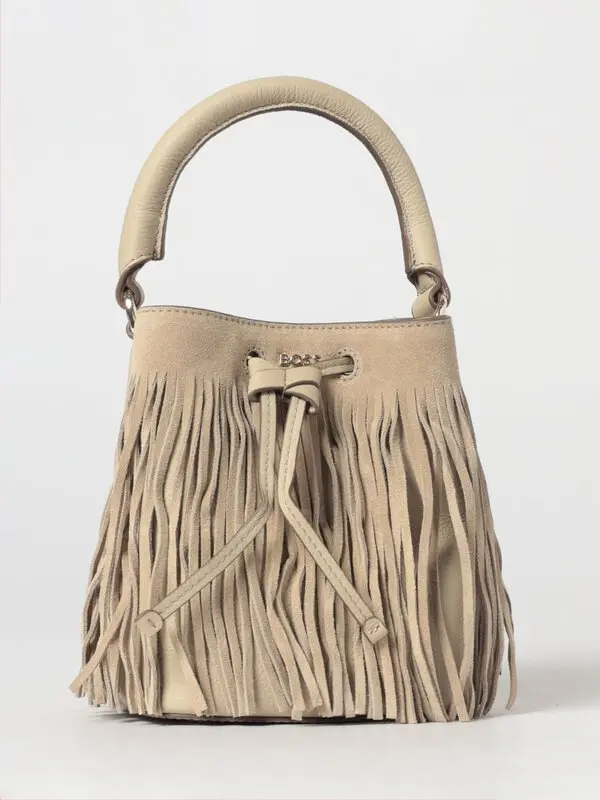 BOSS Lenah Fringed Suede Bucket Bag - Beige