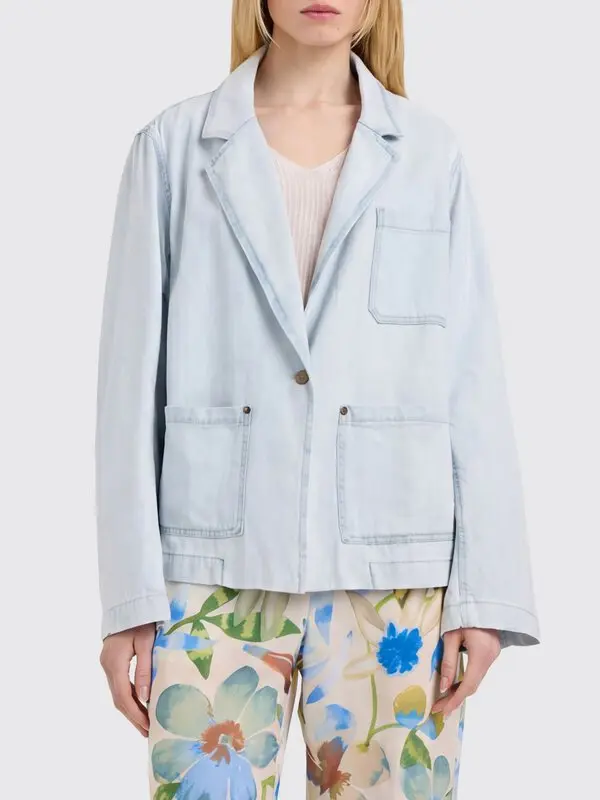 Momoni Bleached Stretch Cotton Denim Cropped Blazer