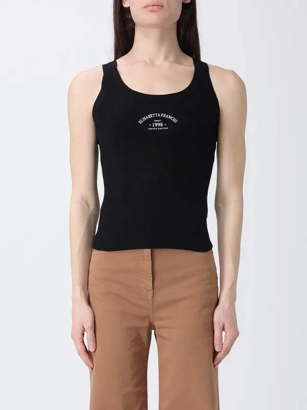 Elisabetta Franchi Ribbed Wool Tank Top With Logo - Black