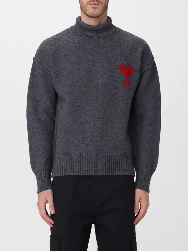 AMI Paris Wool Turtleneck Sweater With Jacquard Logo And Dropped Shoulders - Grey