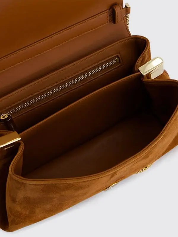 FERRAGAMO Suede Calfskin Gancini Flap Crossbody Bag - Brown