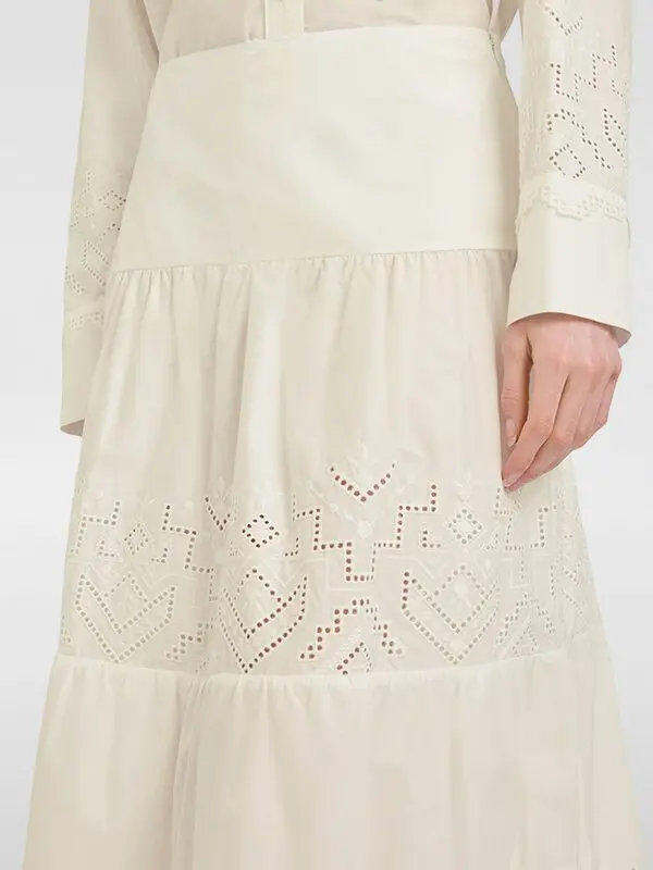 Momoni A-line Cotton Midi Skirt With Lace Inserts - Cream