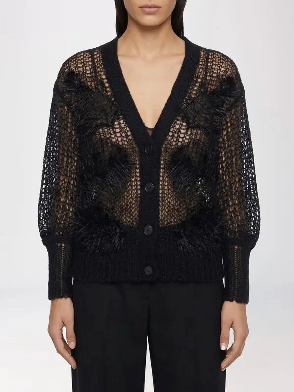 Attico Openwork Wool Blend Cardigan With Feathers - Black