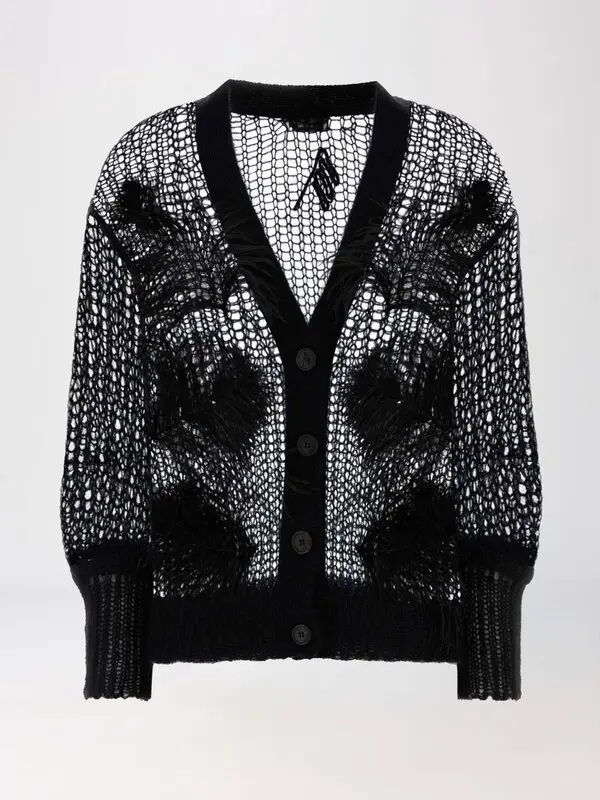 Attico Openwork Wool Blend Cardigan With Feathers