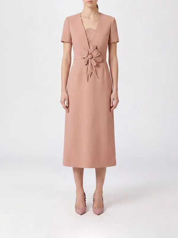 Valentino Garavani Wool And Silk Midi Sheath Dress With Flower Appliqu - Pink