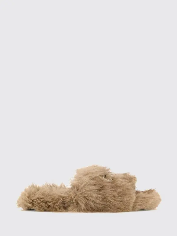 Balenciaga Faux Fur Slides With Bow And Rhinestone Embellishment - Beige