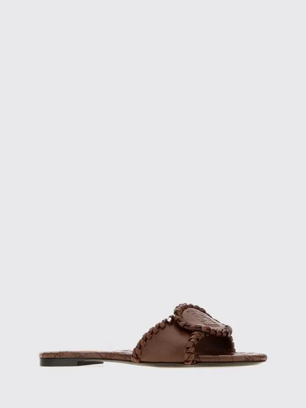 Burberry Woven Leather Slides With Embossed Logo And Low Heel - Brown