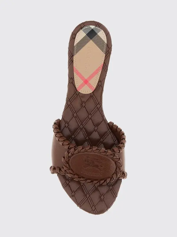 Burberry Woven Leather Slides With Embossed Logo And Low Heel - Brown