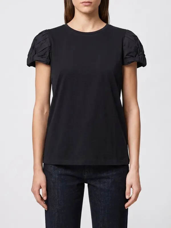 TWINSET Slim Fit Cotton Top With Puff Sleeves - Black