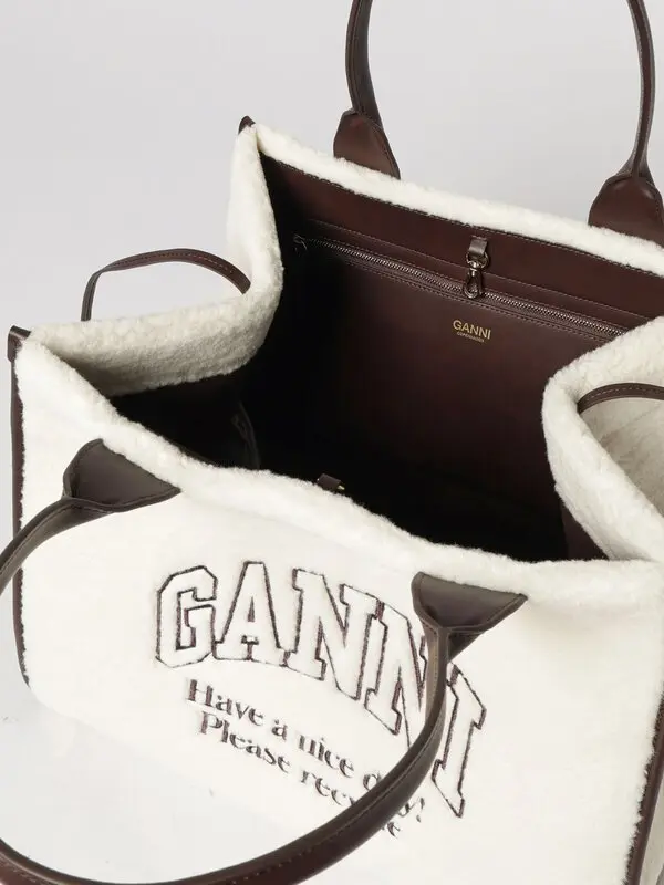 GANNI Shearling And Recycled Leather Tote Bag With Embroidered Logo
