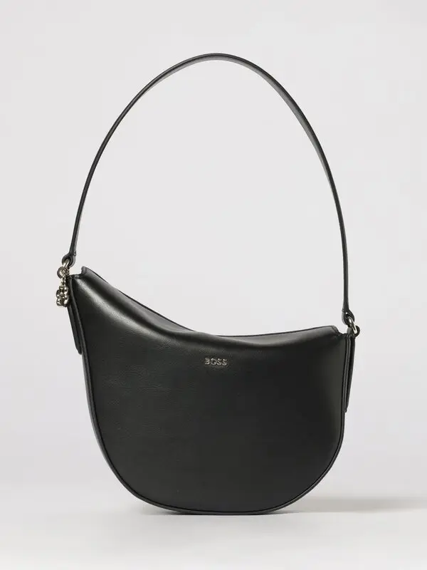 BOSS Smooth Bovine Leather Hobo Bag With Flap Closure And Metal Logo - Black