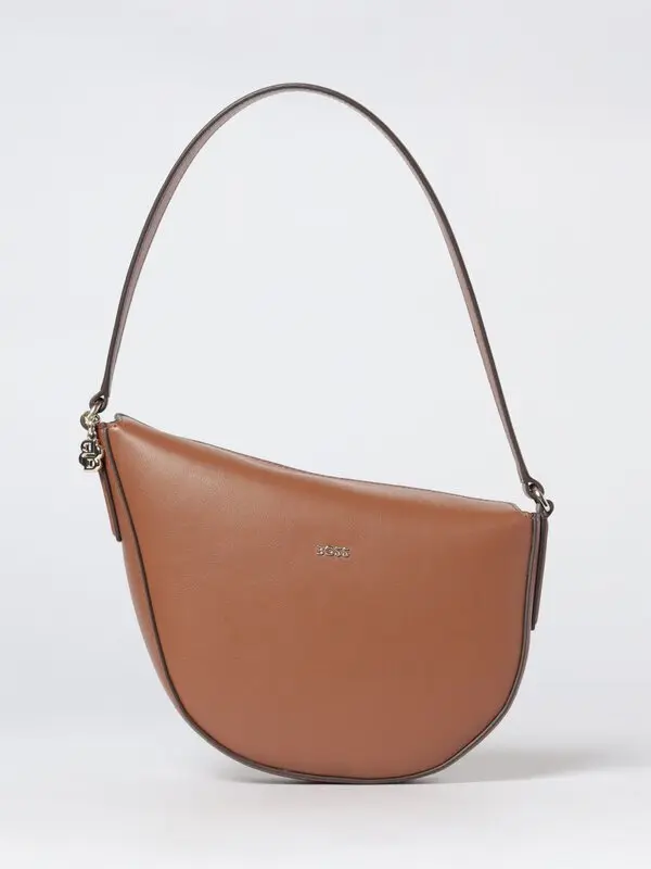 BOSS Smooth Bovine Leather Hobo Bag With Flap Closure And Metal Logo - Brown
