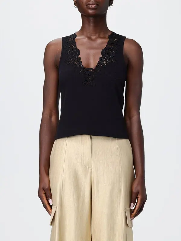 TWINSET Slim Fit Cotton Top With V-neck And Lace Inserts